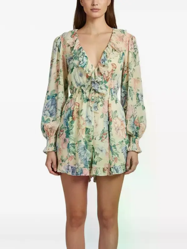Zimmermann Floral Print Bishop Sleeve Playsuit - Neutrals