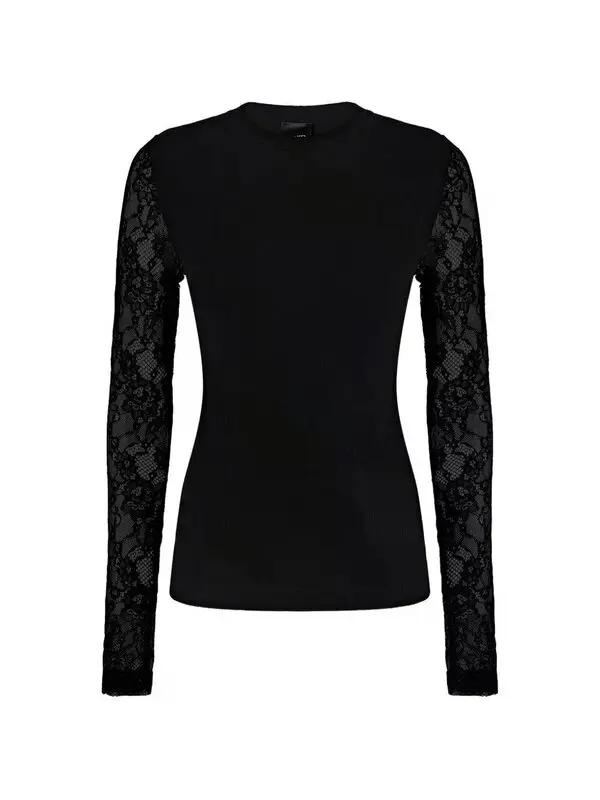 Pinko Ribbed Lace Sleeve Top - Black