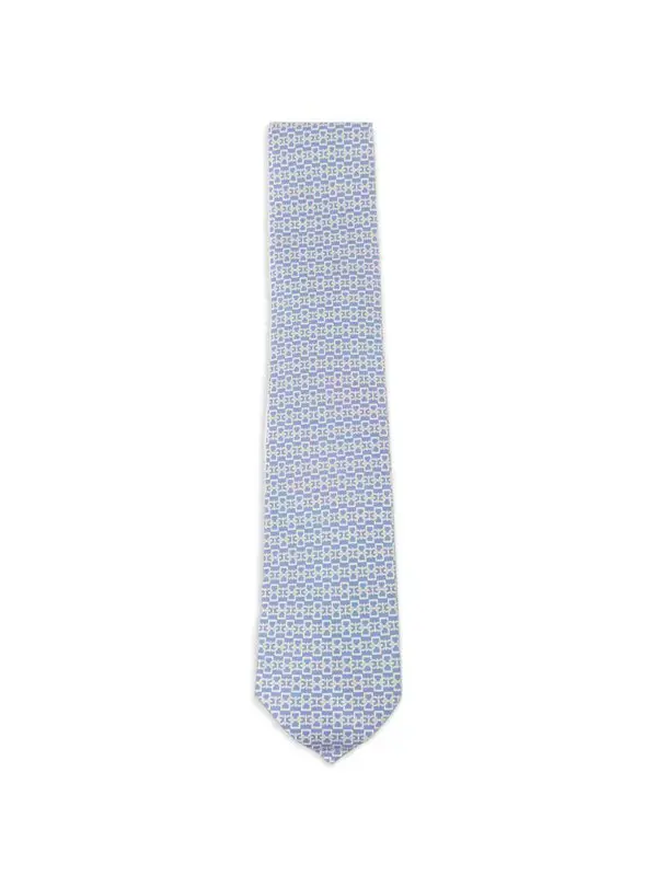 FERRAGAMO Gancini Pattern Silk Neck Tie - Blue