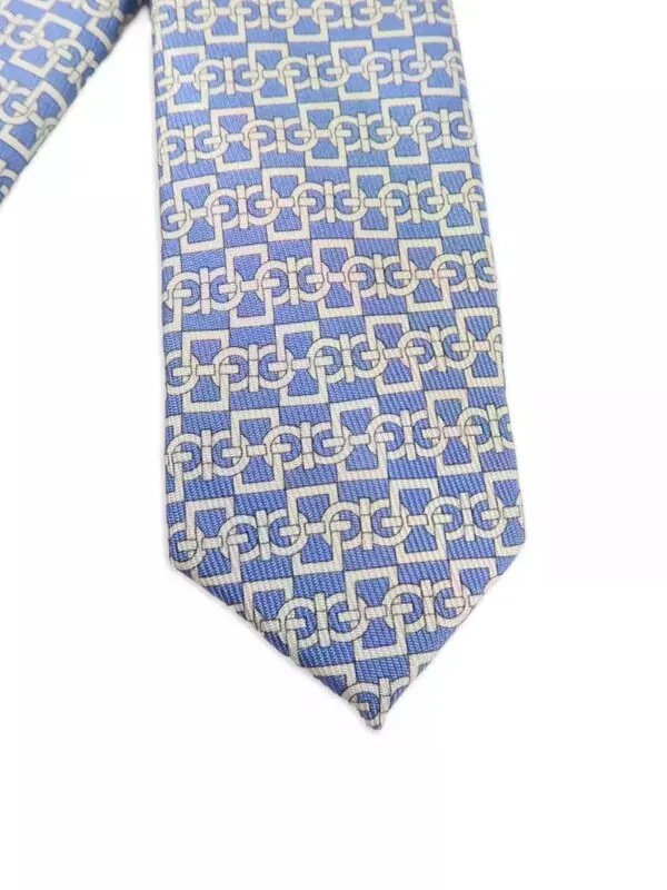 FERRAGAMO Gancini Pattern Silk Neck Tie - Blue