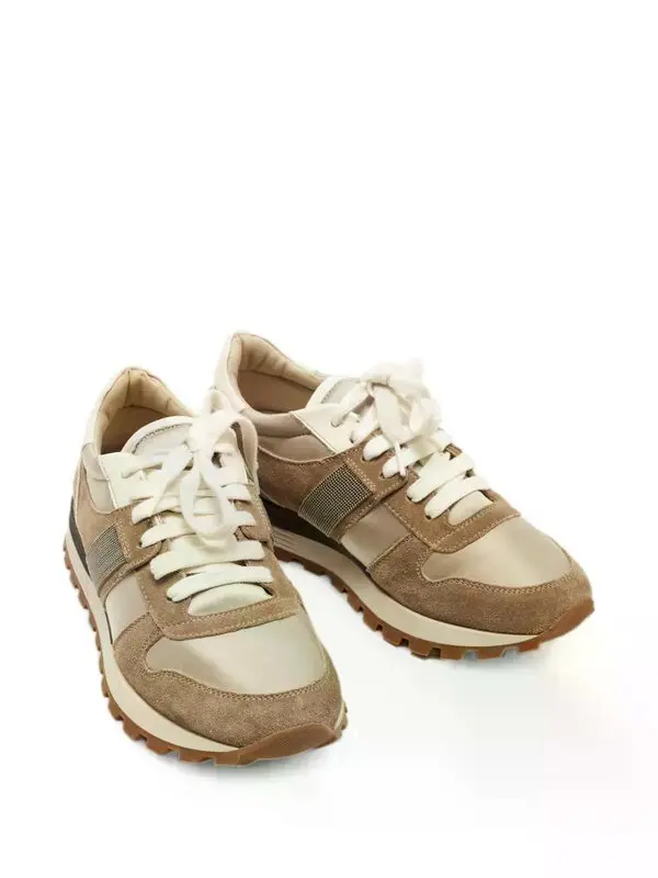 Brunello Cucinelli Monili Embellished Suede And Leather Sneakers