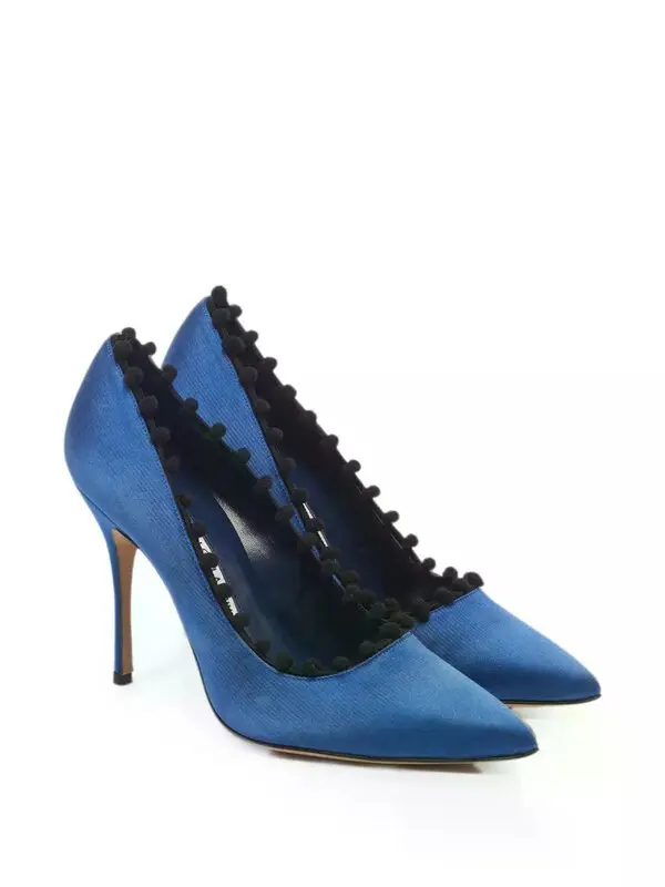 Manolo Blahnik Satin Pointed Toe Stiletto Pumps With Pom-pom Embellishments