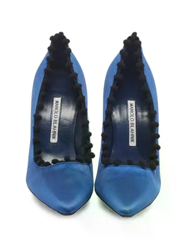 Manolo Blahnik Satin Pointed Toe Stiletto Pumps With Pom-pom Embellishments