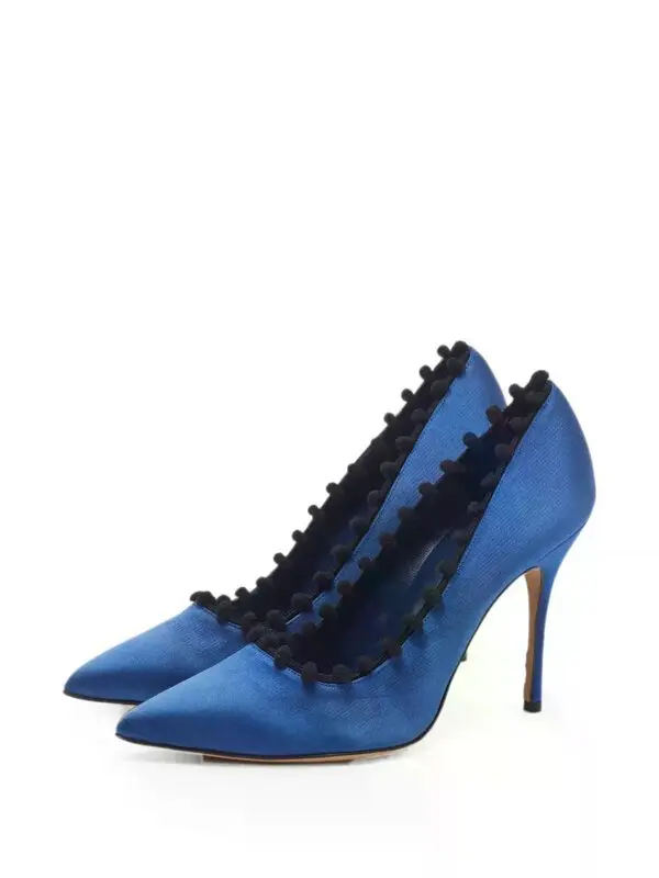 Manolo Blahnik Satin Pointed Toe Stiletto Pumps With Pom-pom Embellishments