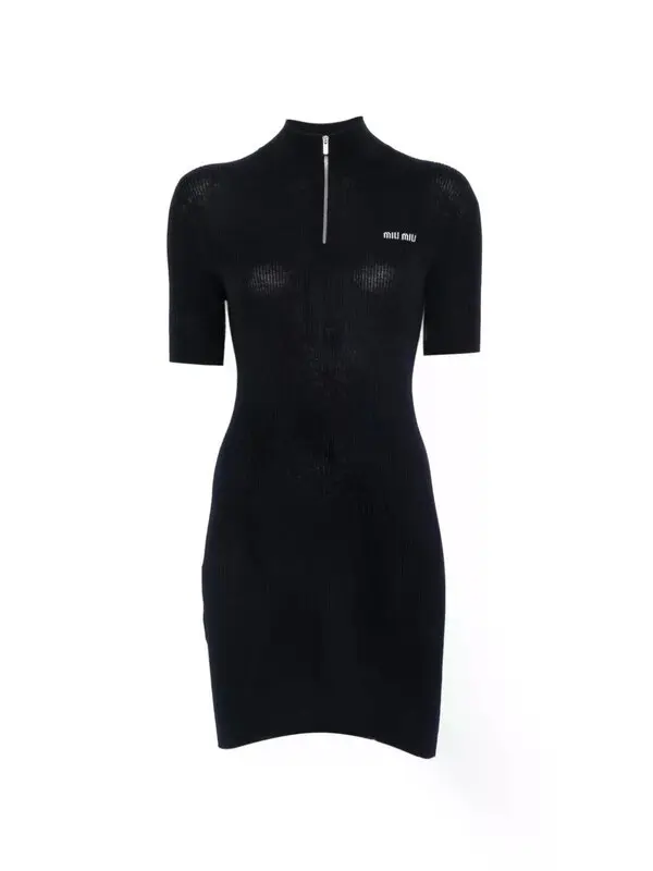 Miu Miu Ribbed Knit Logo Embroidered Mini Dress - Blue