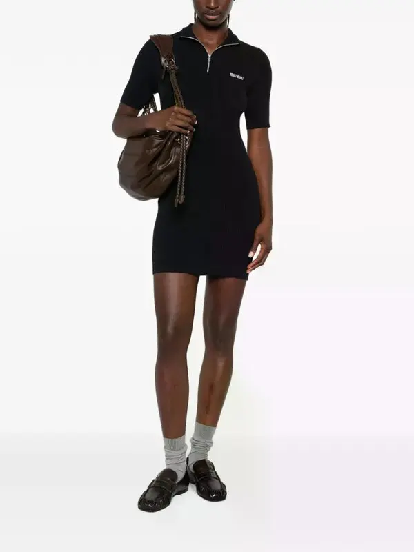 Miu Miu Ribbed Knit Logo Embroidered Mini Dress - Blue