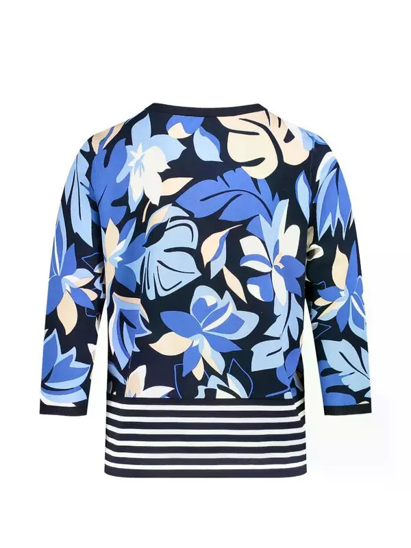 BETTY BARCLAY Floral Print Three-quarter Sleeve Crew Neck Sweater With Striped Hem - Blue