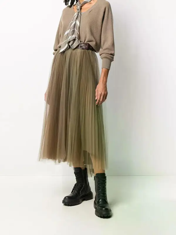Brunello Cucinelli Pleated Tulle Overlay Skirt
