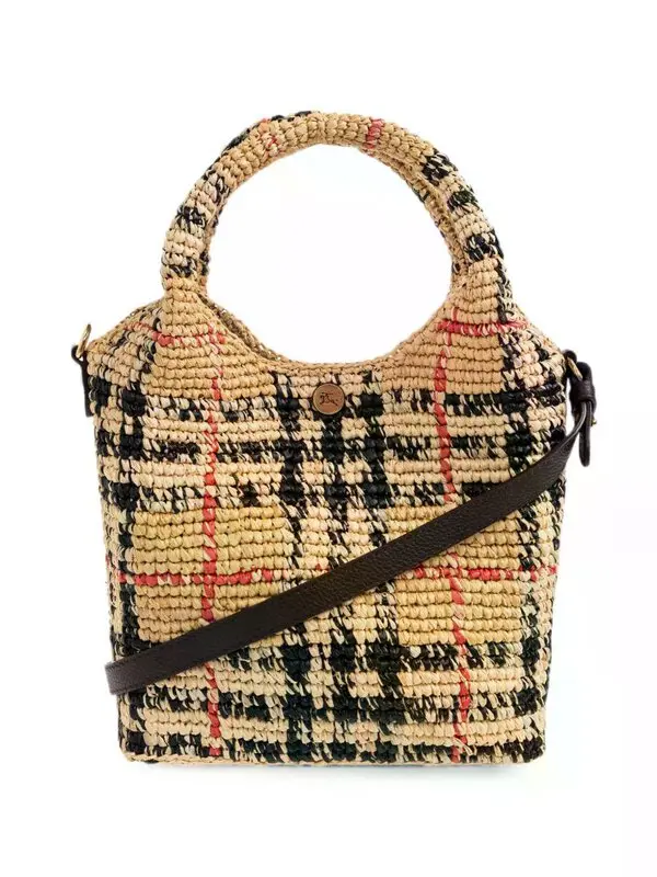 Burberry Mini Margate Check Raffia Tote Bag