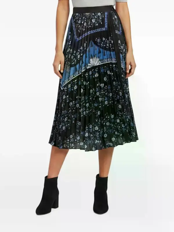 Sandro Floral Print Pleated Midi Skirt - Black