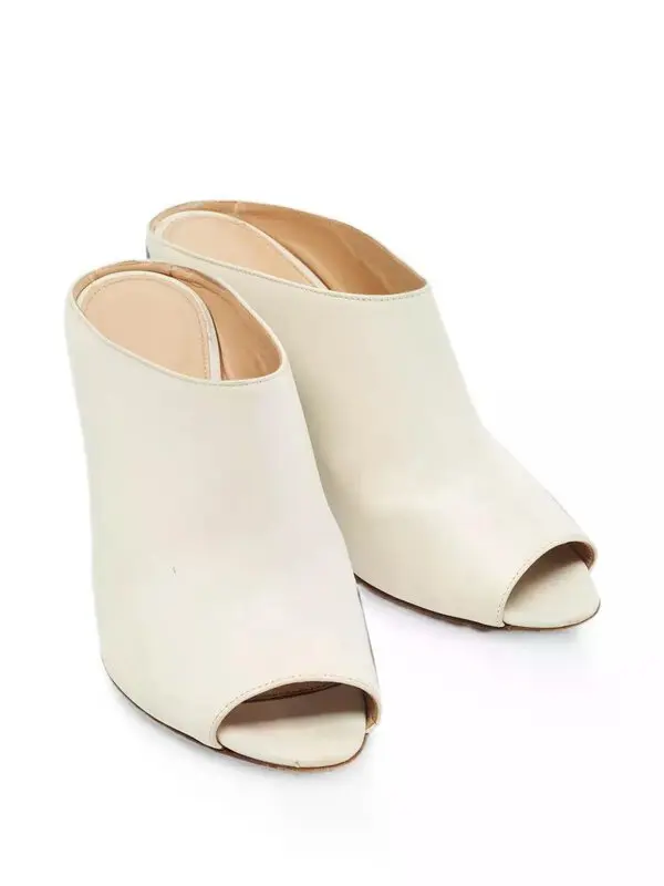 SERGIO ROSSI Beige Leather Peep-toe Block Heel Mules