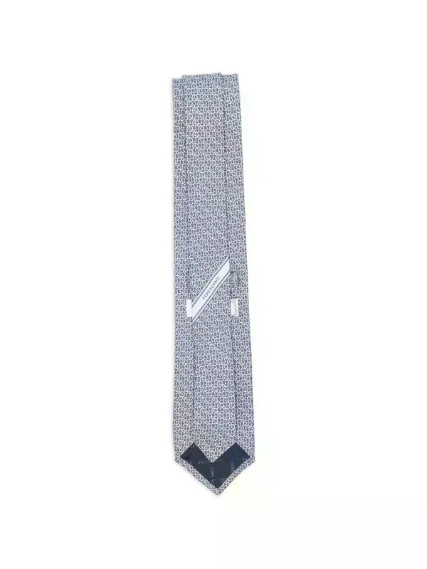 FERRAGAMO Gancini Print Silk Neck Tie - Grey