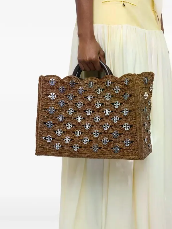 Rabanne 1969 Disc-embellished Raffia Tote Bag - Brown
