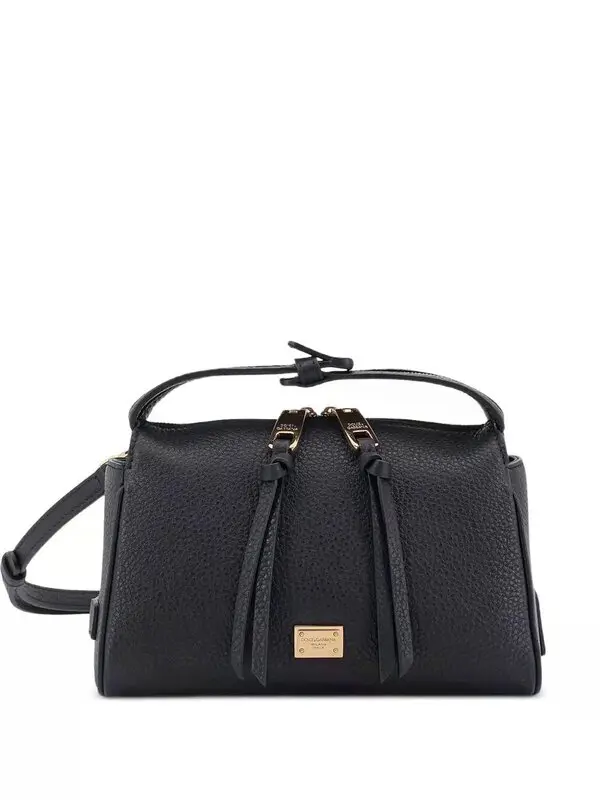 Dolce & Gabbana Logo Plaque Pebbled Leather Shoulder Bag - Black