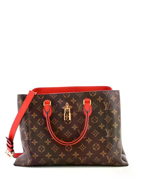 LOUIS VUITTON Flower Monogram Canvas Leather Tote Bag - Brown
