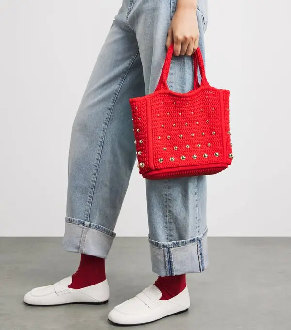 Sandro Crochet Studded Top Handle Bag - Red