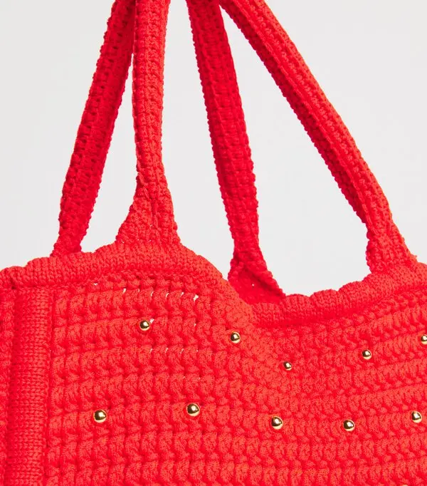 Sandro Crochet Studded Top Handle Bag - Red