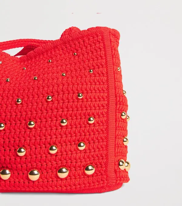 Sandro Crochet Studded Top Handle Bag - Red