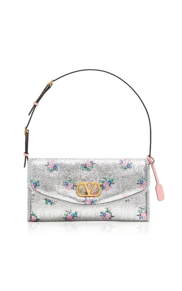 Valentino Garavani Devain Small Floral Lurex Jacquard Shoulder Bag - Silver