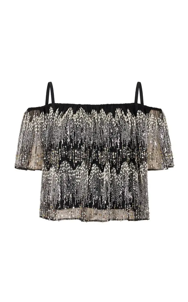 Rabanne Embellished Tulle Cold Shoulder Top