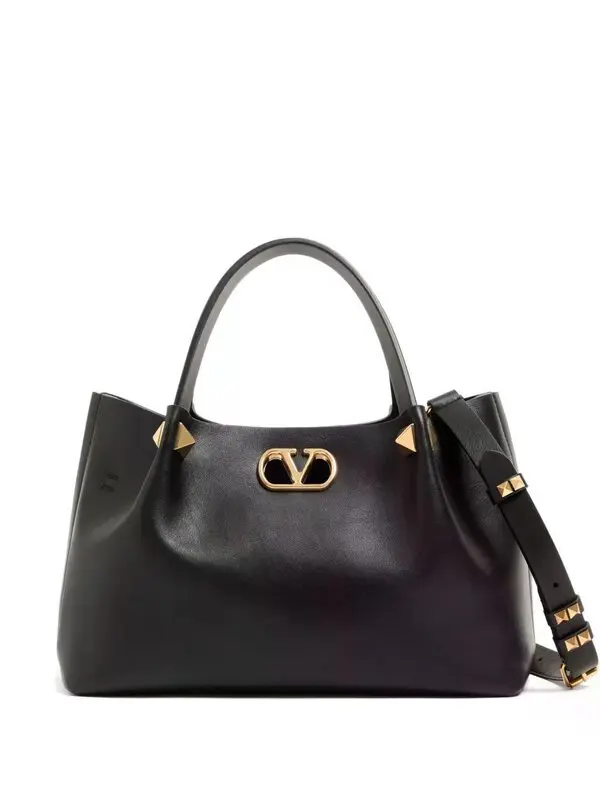 Valentino Garavani Small Soft Leather Shopping Bag With Maxi Studs And Vlogo Signature - Black