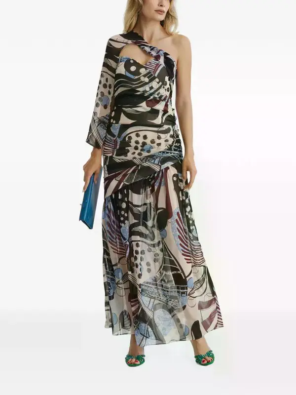CUANNA One-shoulder Ruched Abstract Print Maxi Dress