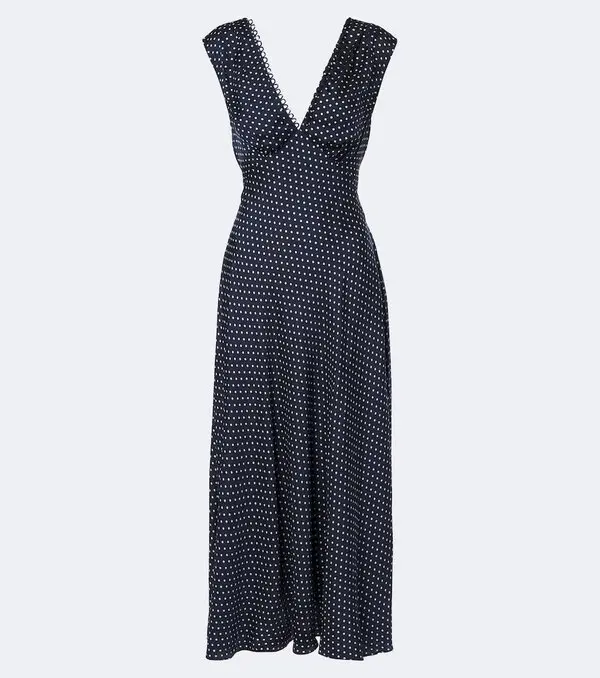 DÔEN Tahlia Polka Dot Silk-blend Midi Dress - Navy