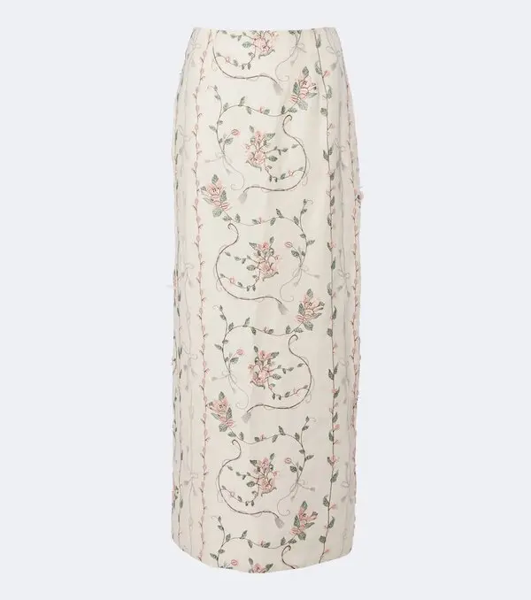 Agua Bendita Floral Embroidered Linen Maxi Skirt - White
