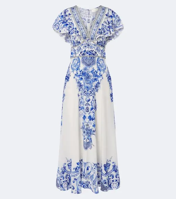 Camilla Embellished Floral Silk Maxi Dress - Blue