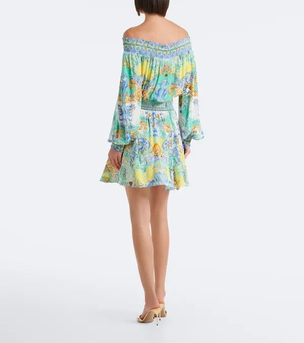 Camilla Printed Embellished Off-shoulder Silk Mini Dress
