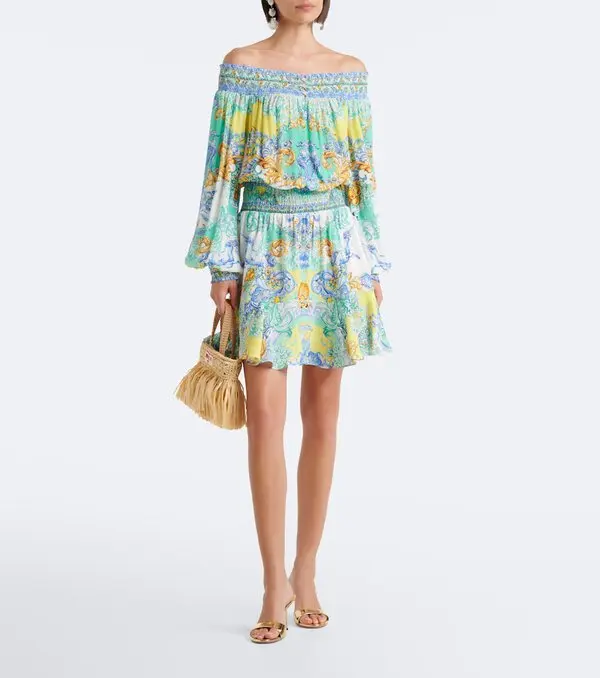 Camilla Printed Embellished Off-shoulder Silk Mini Dress