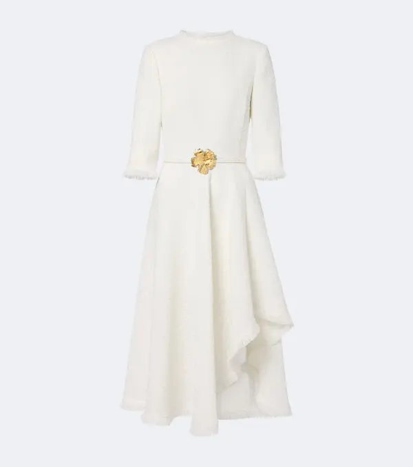 Oscar De La Renta Belted Fringed Boucle Midi Dress - White