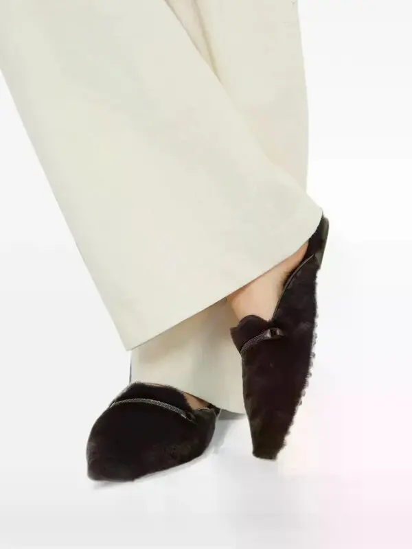 Brunello Cucinelli Shearling Flats With Precious Bar