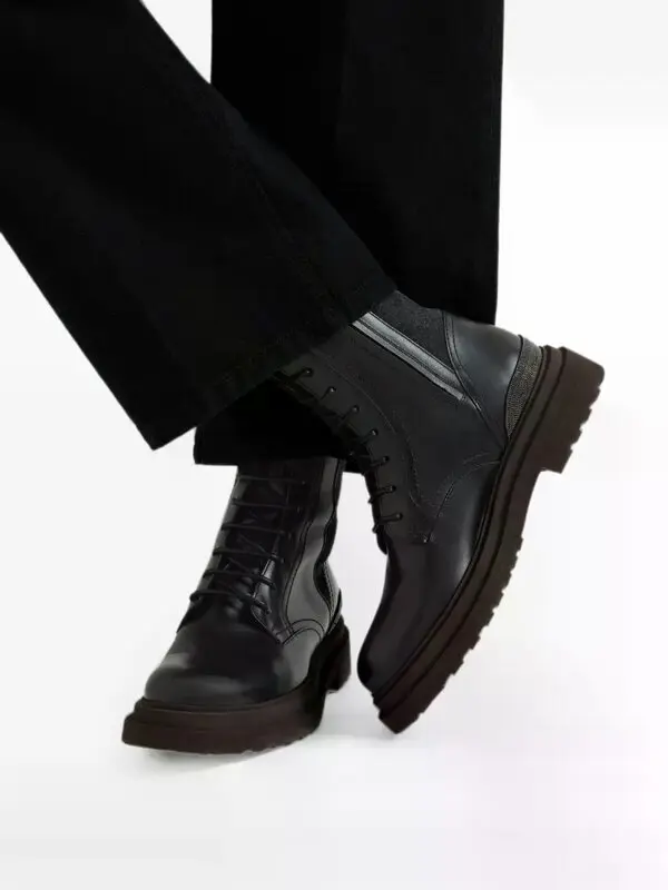 Brunello Cucinelli Matte Calfskin And Virgin Wool Flannel Lace-up Boots With Monili Detail - Black