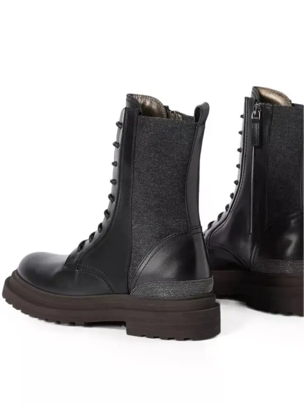 Brunello Cucinelli Matte Calfskin And Virgin Wool Flannel Lace-up Boots With Monili Detail - Black