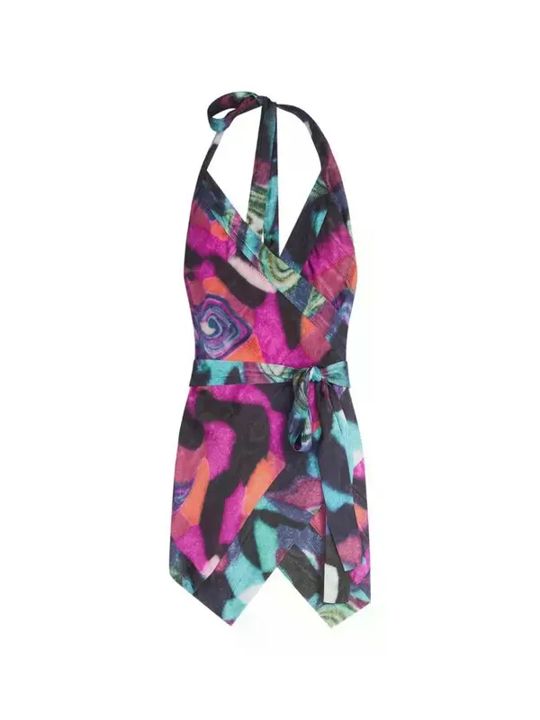 Dries Van Noten Halterneck Moiré Top With Marbled Print - Black