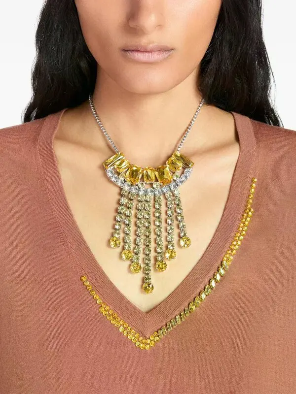 Dries Van Noten Tone And Yellow Strass Embellishment Chain Detail Necklace - Silver