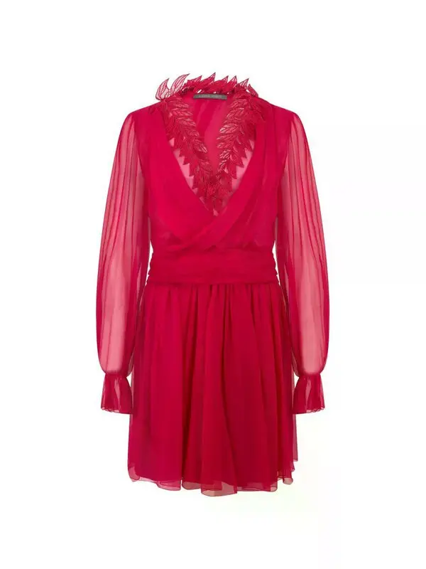 Alberta Ferretti Long Sleeve Leaf Motif Mini Dress - Red