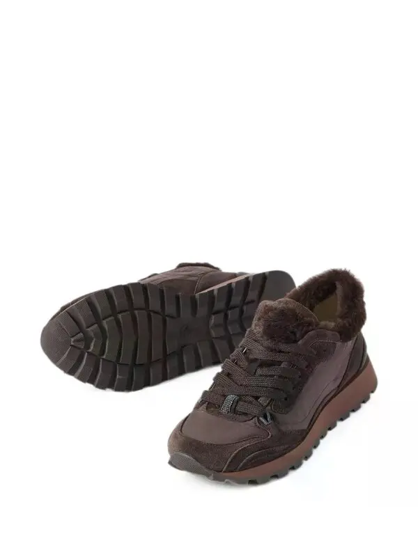Brunello Cucinelli Suede And Techno-fabric Runners With Shearling Lining And Monili