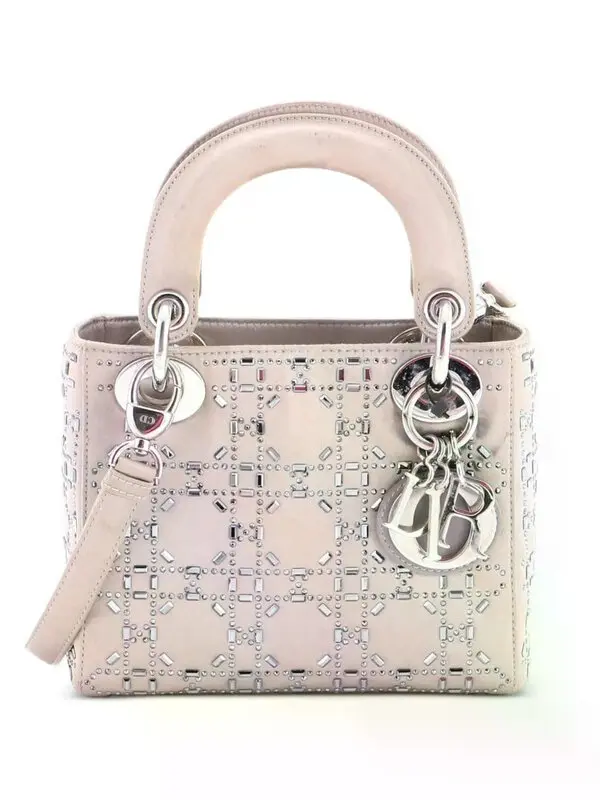Dior Lady Bag Crystal Embellished Cannage Quilt Satin Mini Satchel - Neutrals