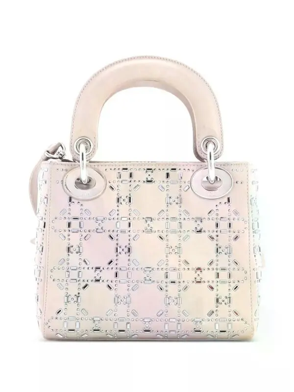 Dior Lady Bag Crystal Embellished Cannage Quilt Satin Mini Satchel - Neutrals
