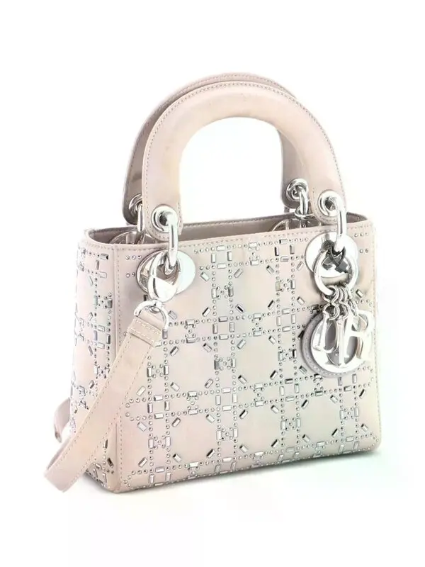 Dior Lady Bag Crystal Embellished Cannage Quilt Satin Mini Satchel - Neutrals