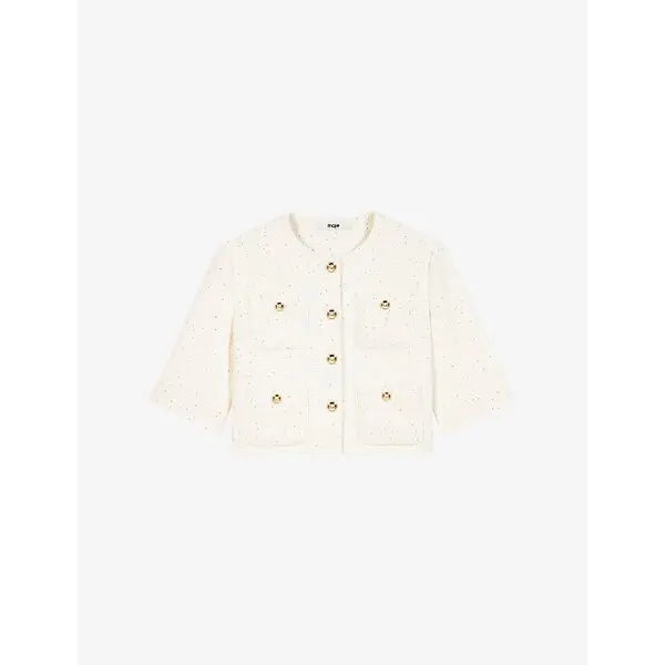 Maje Cropped Tweed Jacket With Short Sleeves And Round Neck - Ecru