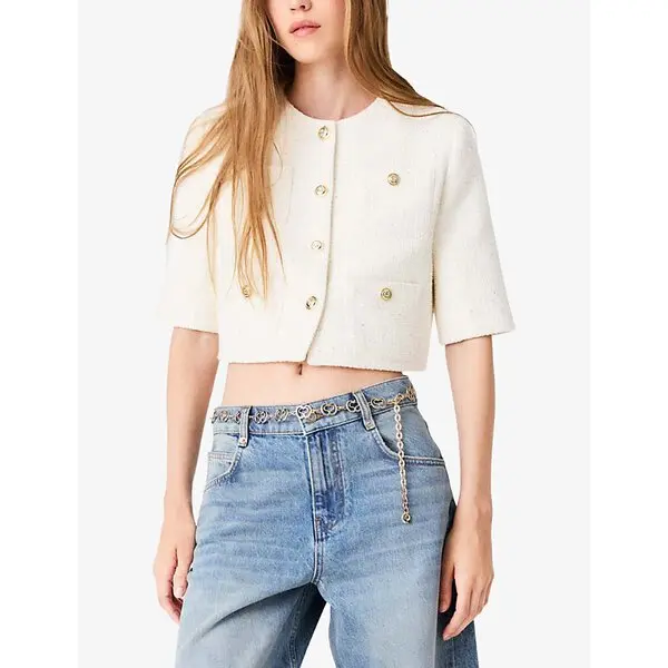 Maje Cropped Tweed Jacket With Short Sleeves And Round Neck - Ecru