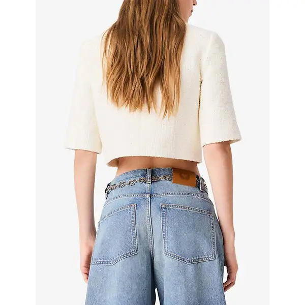 Maje Cropped Tweed Jacket With Short Sleeves And Round Neck - Ecru