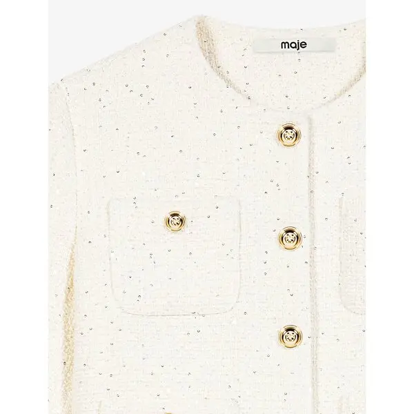 Maje Cropped Tweed Jacket With Short Sleeves And Round Neck - Ecru