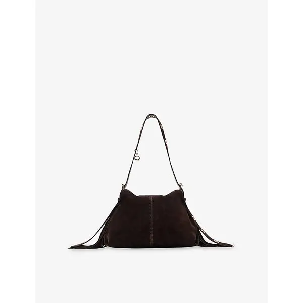 Maje Suede Shoulder Bag With Fringing - Dark Brown