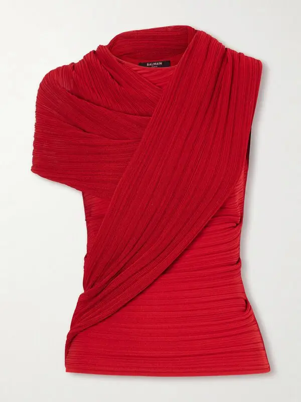 Balmain Draped Ribbed Jersey Blouse - Red