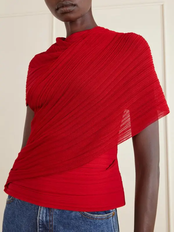 Balmain Draped Ribbed Jersey Blouse - Red