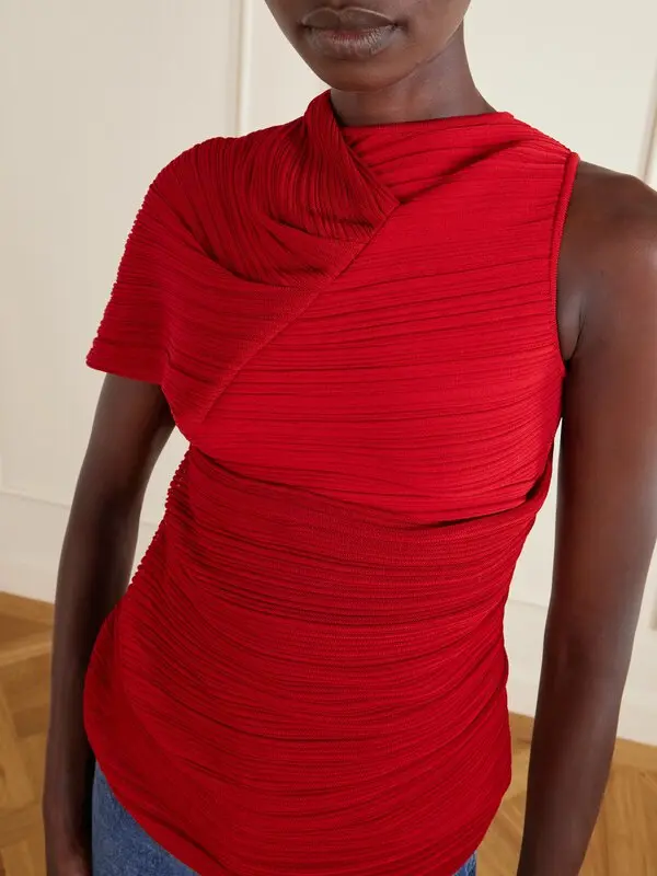 Balmain Draped Ribbed Jersey Blouse - Red